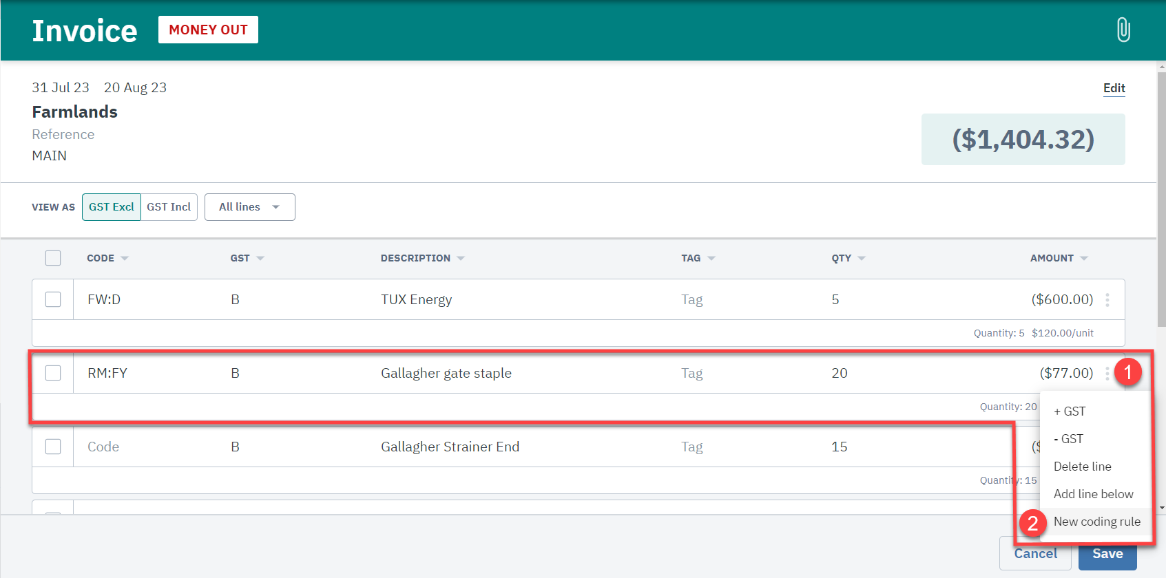 How to create a simple coding rule in an invoice