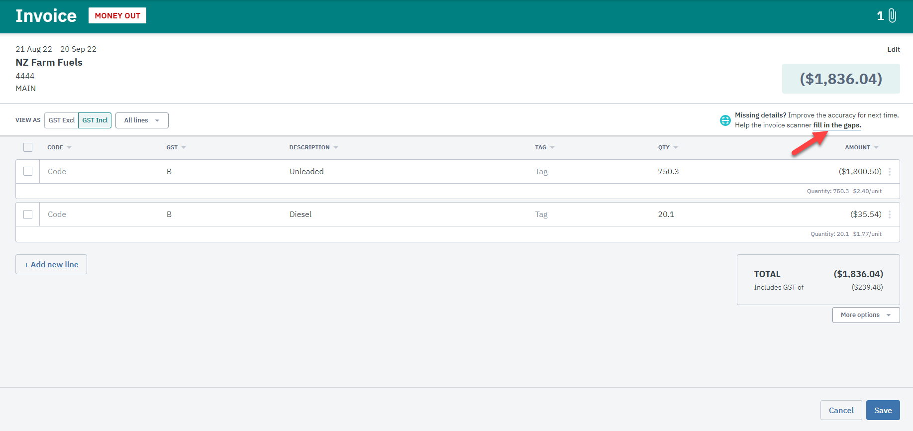 How to fill in missing details using the Invoice Scanner (fill in the gaps)