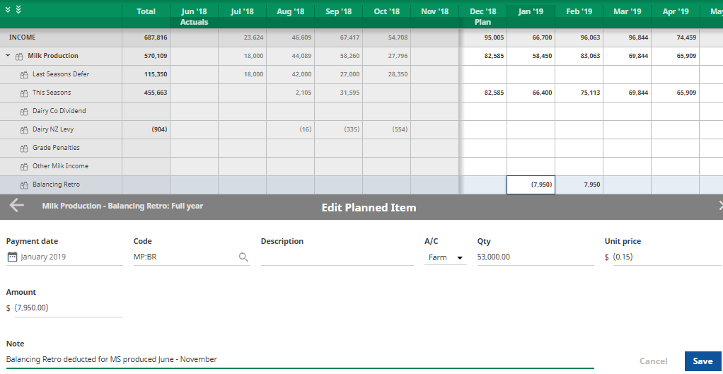 How to record planned Fonterra retro payments?