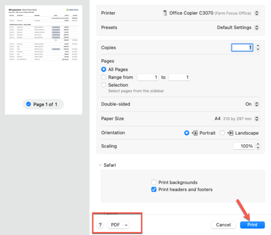 How to save a Farm Focus report as a PDF
