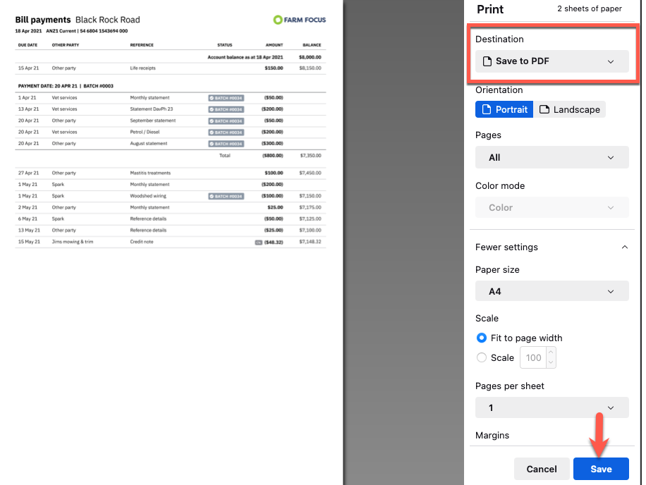 How to save a Farm Focus report as a PDF