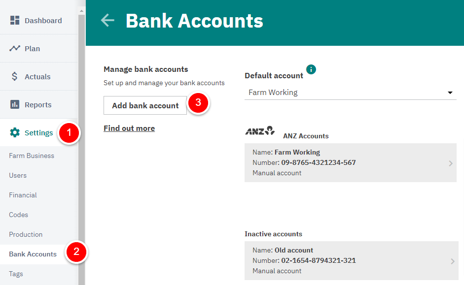 How to set up bank account details and overdraft in Farm Focus