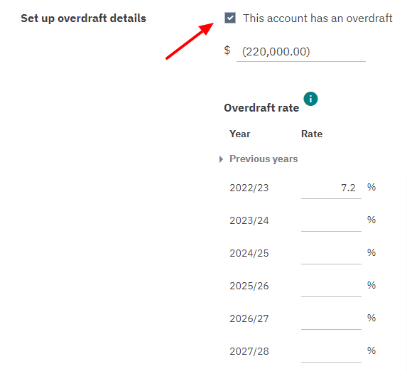 How to set up bank account details and overdraft in Farm Focus