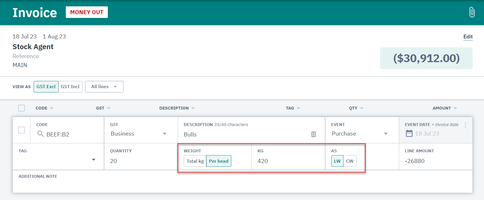How do Livestock weights work in invoices, transactions and plans?