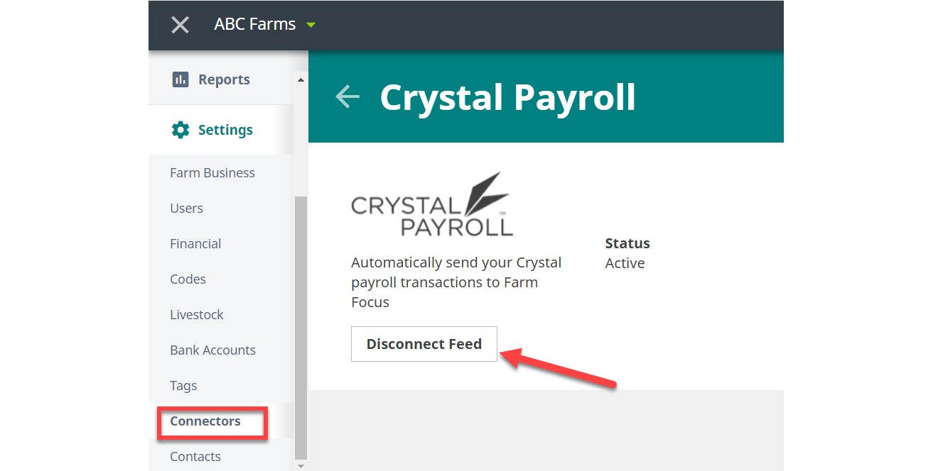How to connect or disconnect a Crystal Payroll integration with Farm Focus