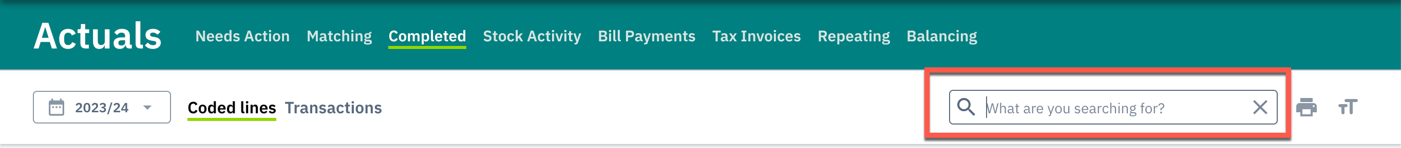 How to use the Actuals screen