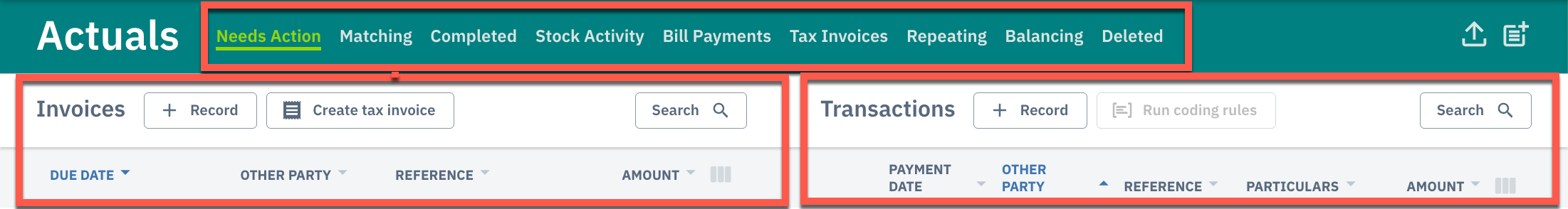 How to use the Actuals screen